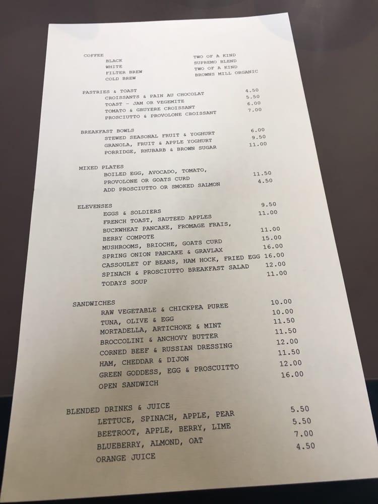 Menu at Allpress Espresso cafe, Collingwood