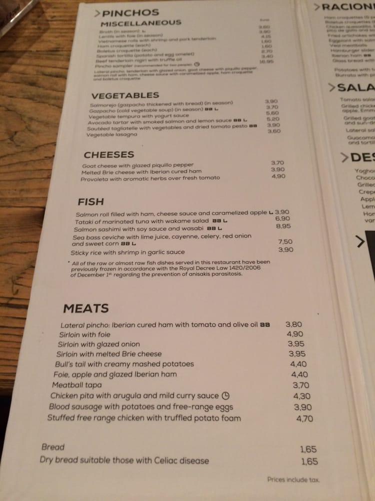 Menu at Lateral Milaneses pub & bar, Madrid