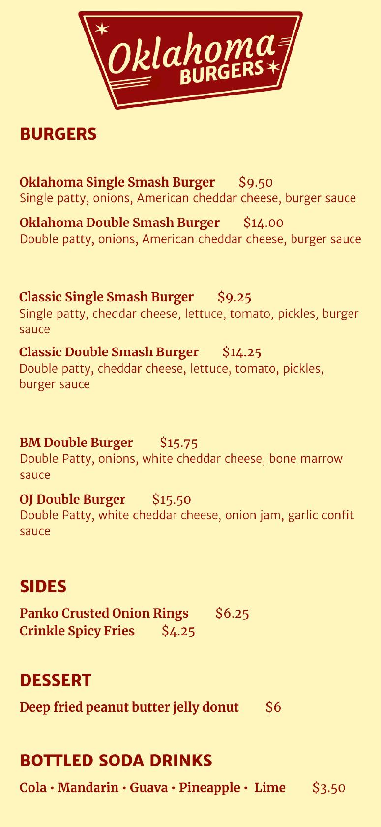 Menu at Oklahoma Burgers restaurant, Mississauga