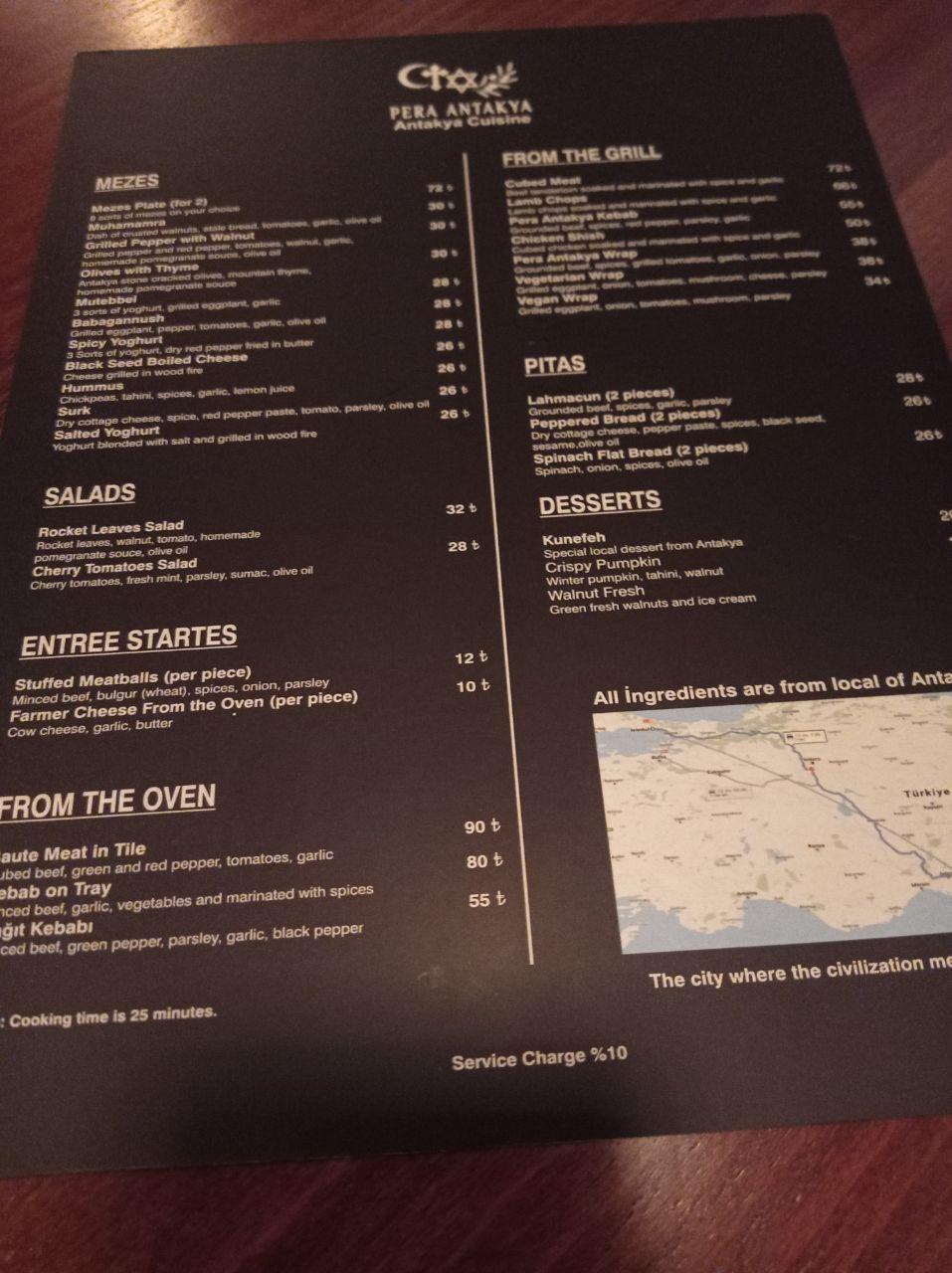 Menu at Pera Antakya, Istanbul