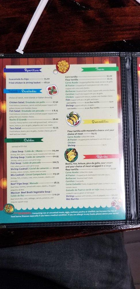 Menu at 7 Mares restaurant, LaBelle