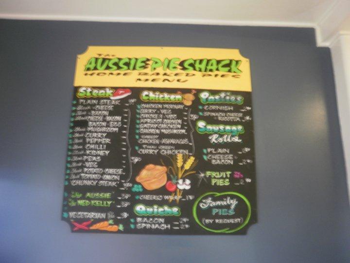 Menu at Aussie Pie Shack fast food, South Grafton
