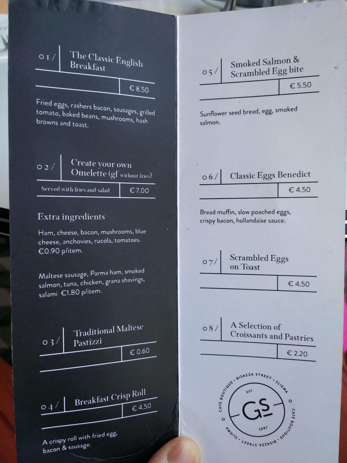 Menu at Giorgio's restaurant, Sliema