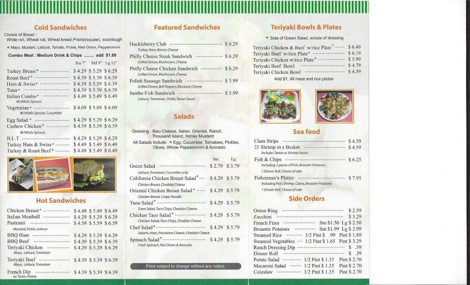 Menu at Huckleberry's Famous Sandwich restaurant, Huntington Beach