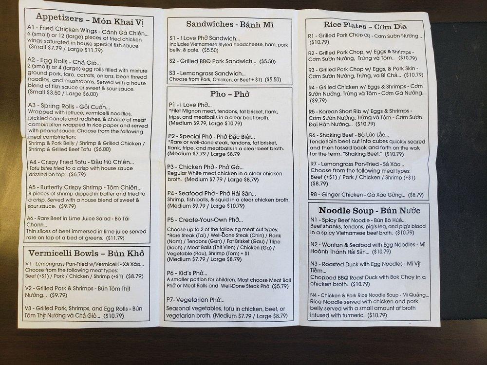 Menu at I Love Phở, Menudo & Tacos restaurant, Fresno