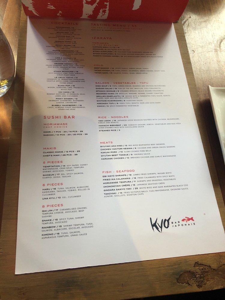 Menu at Kyo Bar Japonais, Montréal, 711 Côte place-d'Armes