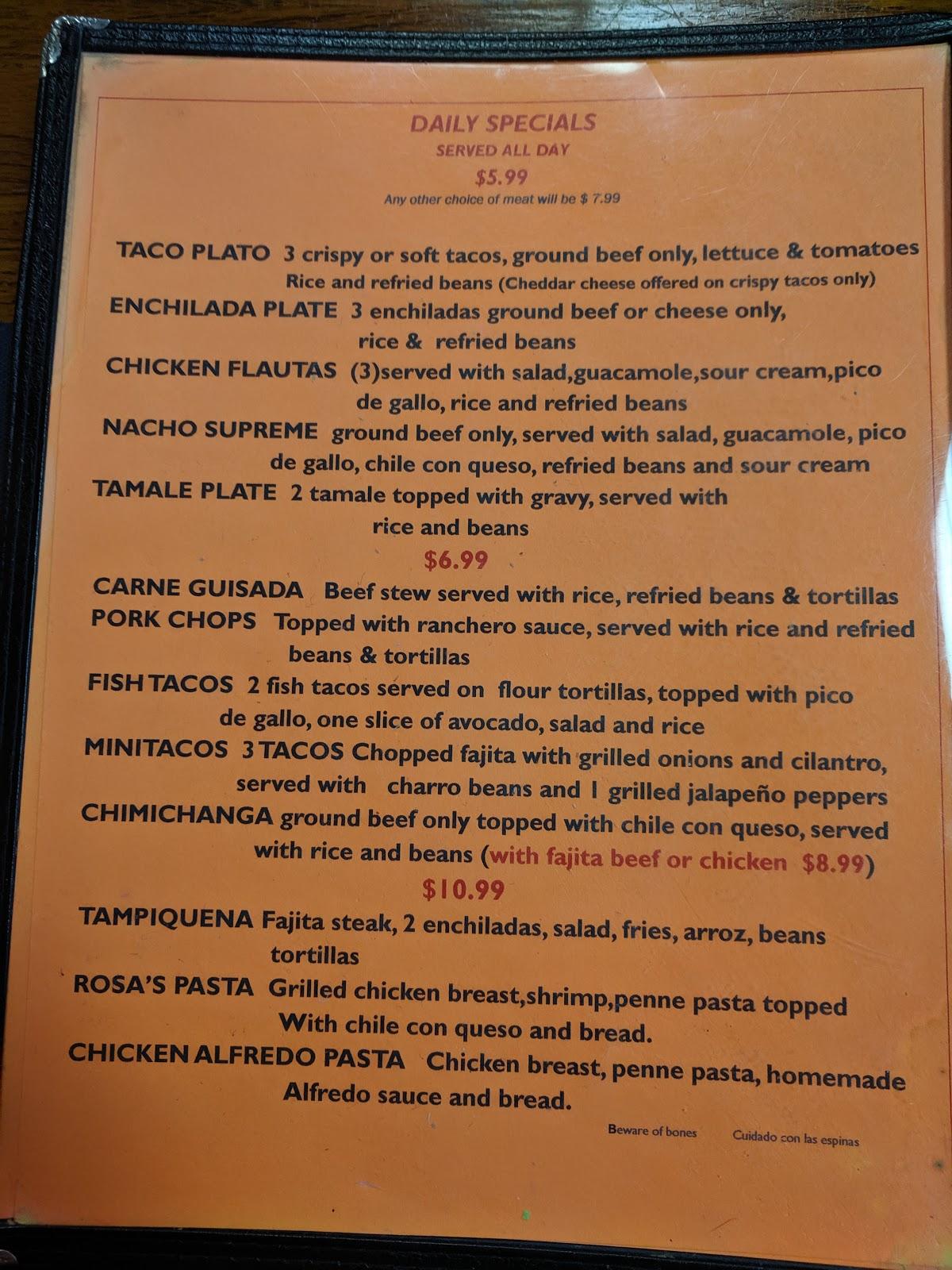 Menu at La Frontera restaurant, Santa Fe