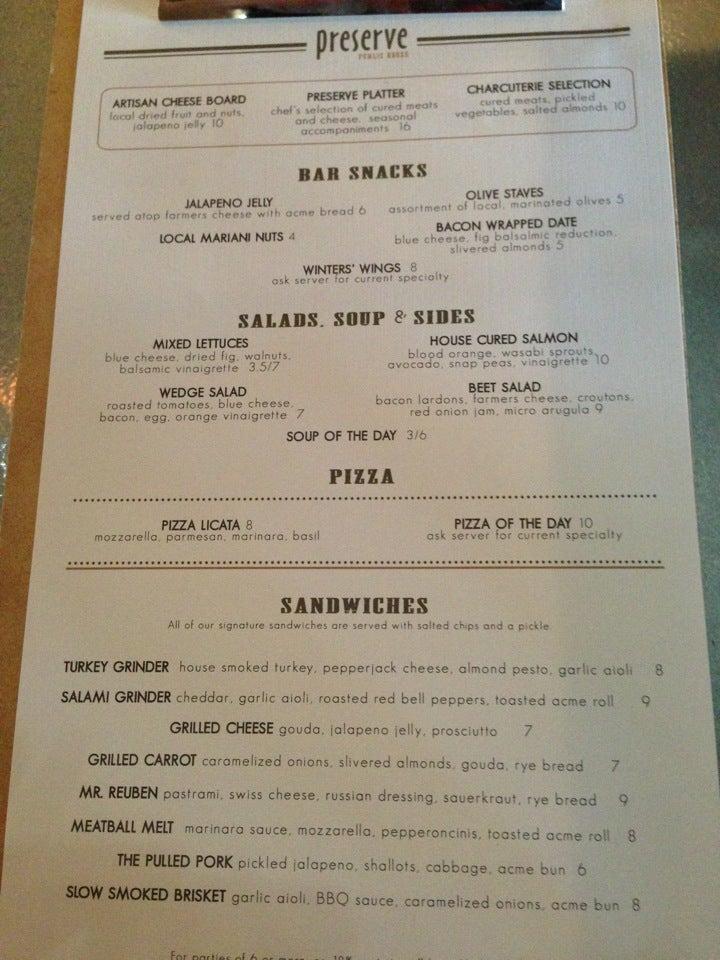 Menu at Preserve restaurant, Winters