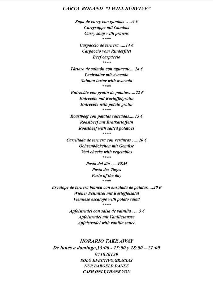 Menu at Restaurant Roland, Porto Cristo