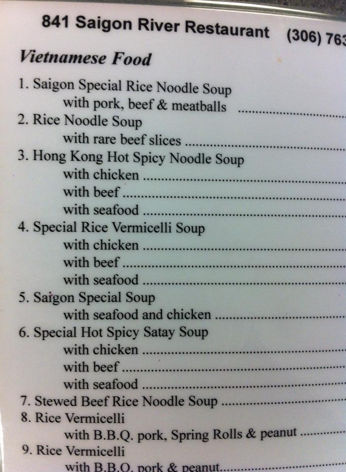 Menu at Saigon River Restaurant - Vietname and Chinese Food, Prince Albert