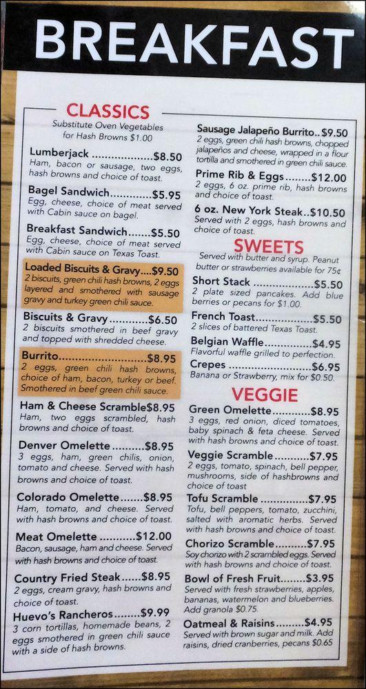 Menu at The Cabin Restaurant, Montrose