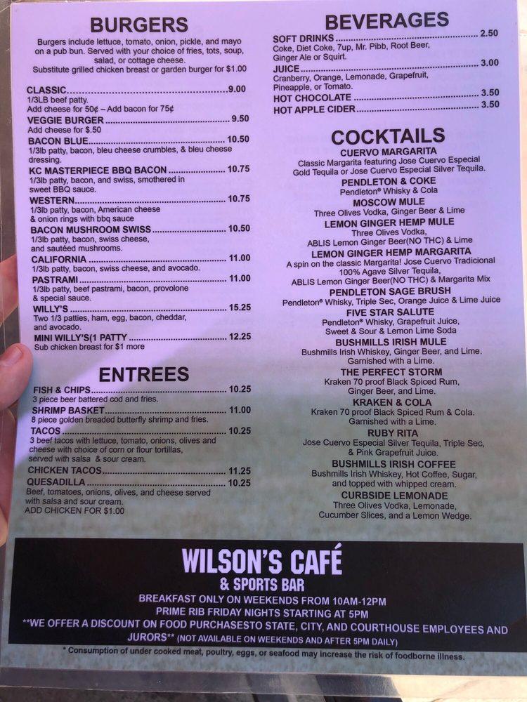 Menu at Wilson's Cafe & Sports Bar, Hillsboro