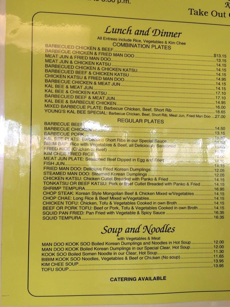 Menu at Young's Kal bee restaurant, Aiea