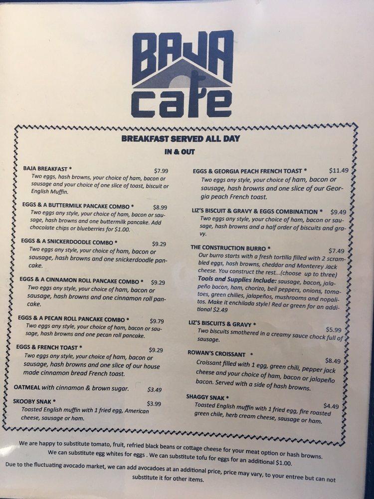 Menu at Baja Cafe on Campbell, Tucson