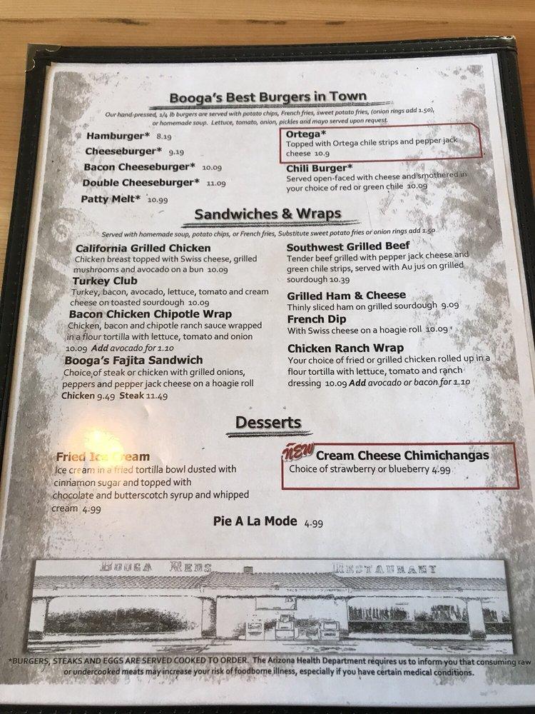 Menu at Booga Red's Restaurant, Springerville