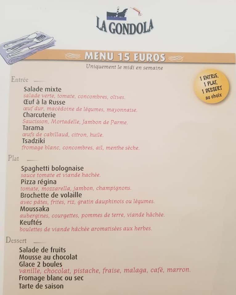 Menu au La Gondola pizzeria, Valence