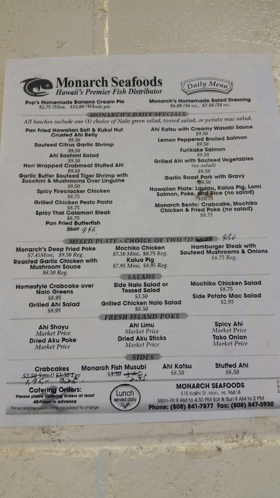 Menu at Monarch Seafoods restaurant, Honolulu, 515 Kalihi St