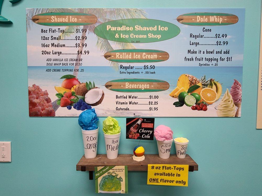 Menu at Paradise Shaved Ice desserts, Noblesville