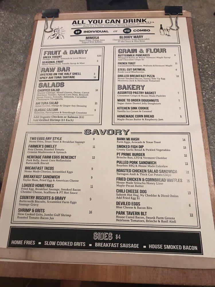 Menu at Park Tavern pub & bar, Delray Beach