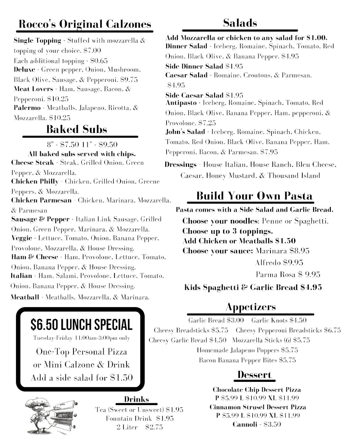 Menu at Rocco's Pizza of Bolivar pizzeria, Bolivar