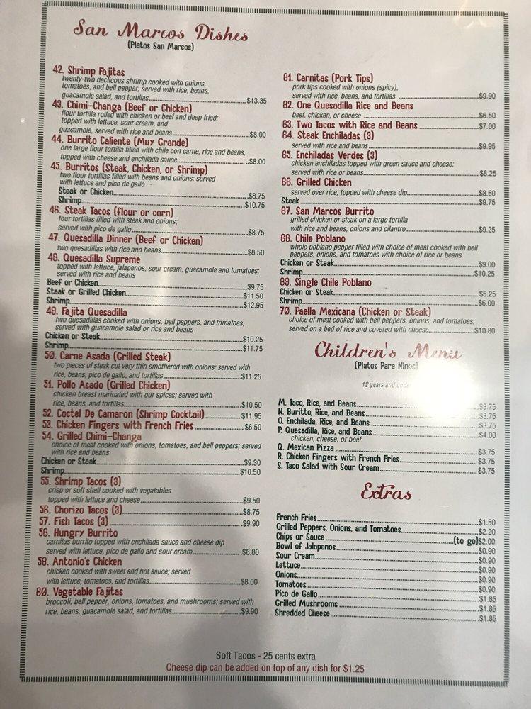Menu at San Marcos Mexican Restaurant, Clanton