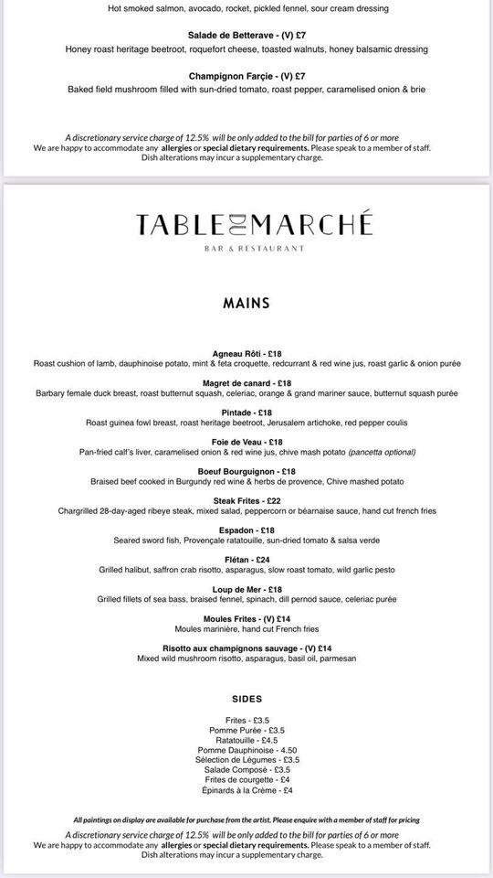 Menu at Table Du Marche restaurant, London