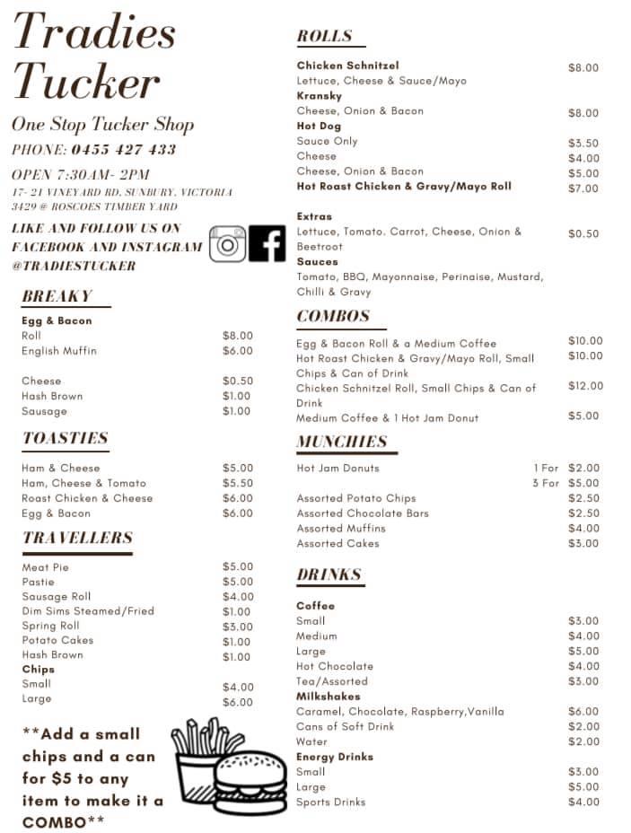 Menu at Tradie's Tucker restaurant, Sunbury