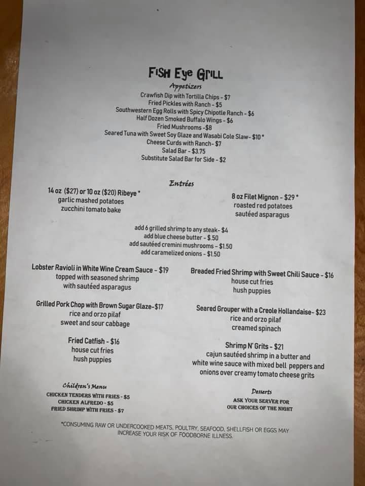 Menu at Fish Eye Grill restaurant, Girard