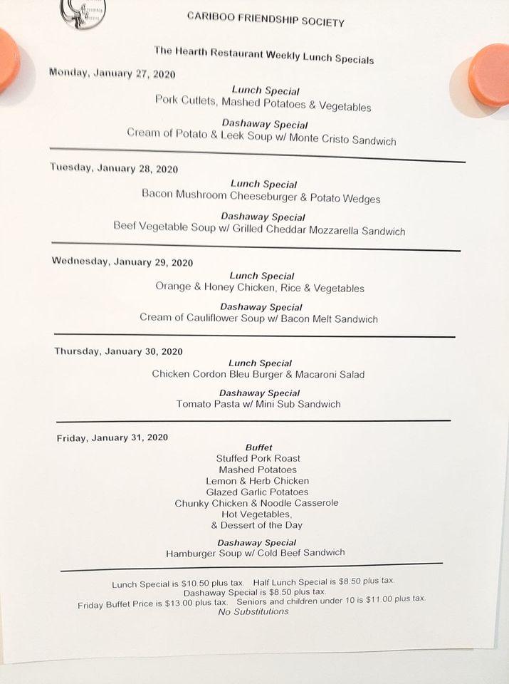 Menu at Hearth Restaurant, Williams Lake
