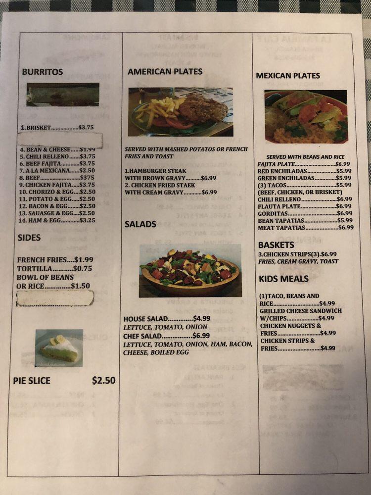 Menu at La Familia Cafe, Sierra Blanca