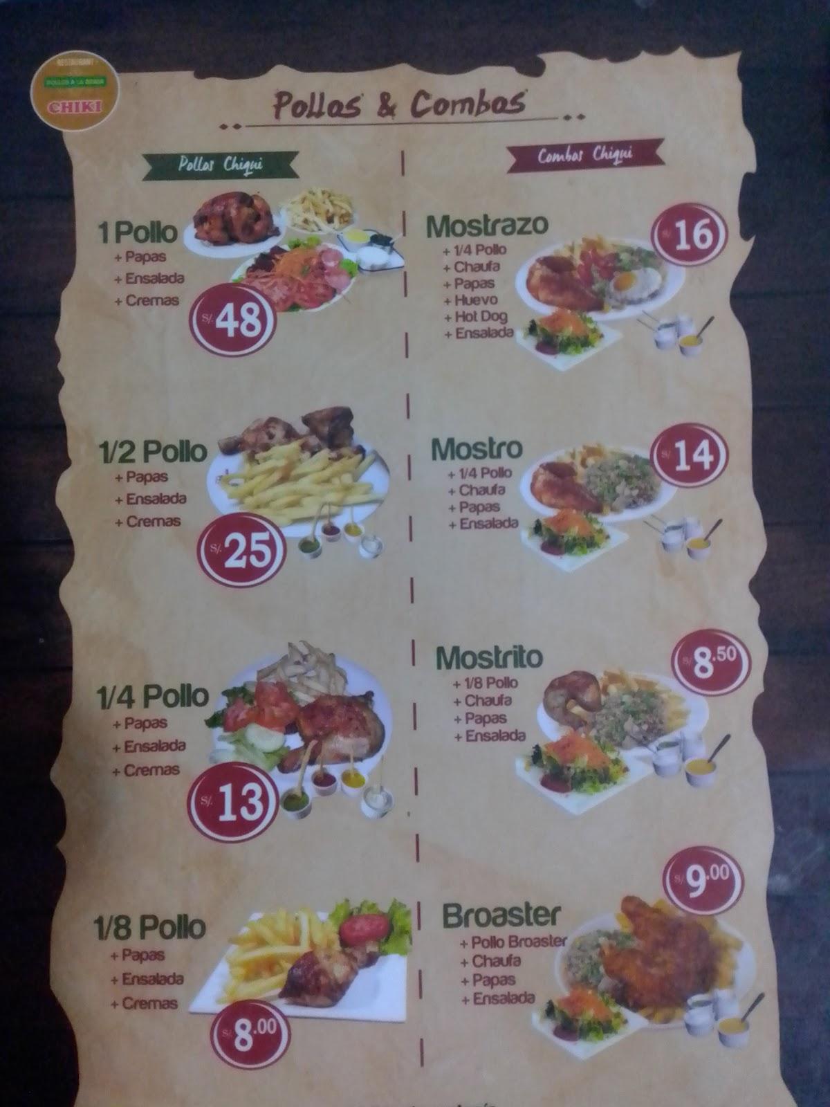Carta de Polleria restaurant Chiqui, Andahuaylas