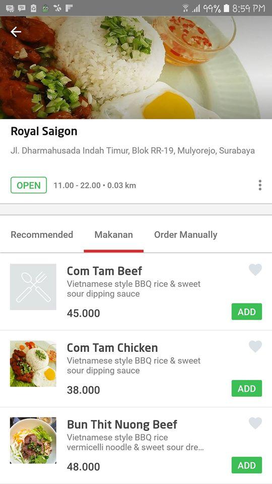 Menu at Royal Saigon restaurant, Surabaya