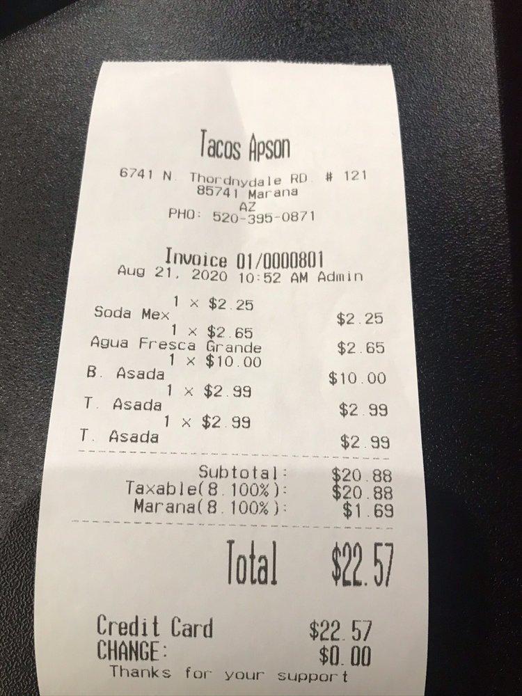 Menu at Tacos Apson restaurant, Tucson, N Thornydale Rd #121