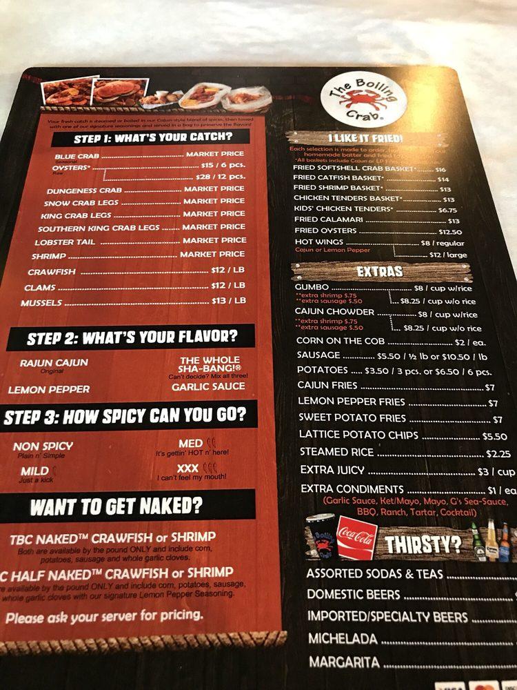 Menu at The Boiling Crab restaurant, Honolulu