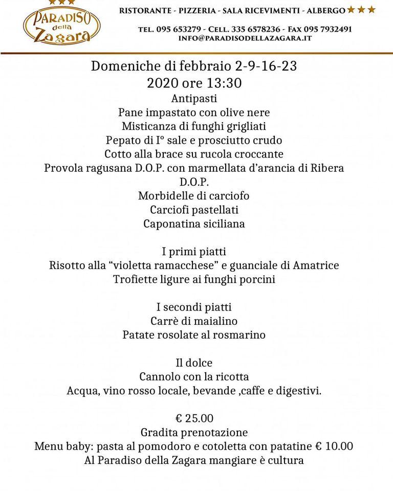 Menu da Paradiso della zagara ristorante, Ramacca