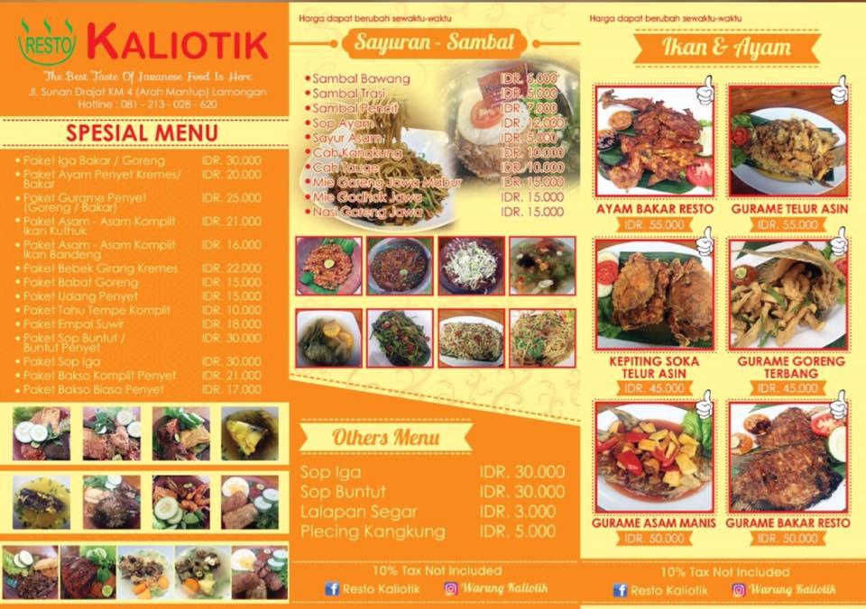 Menu at Resto Kaliotik restaurant, Lamongan, VC46+5MH