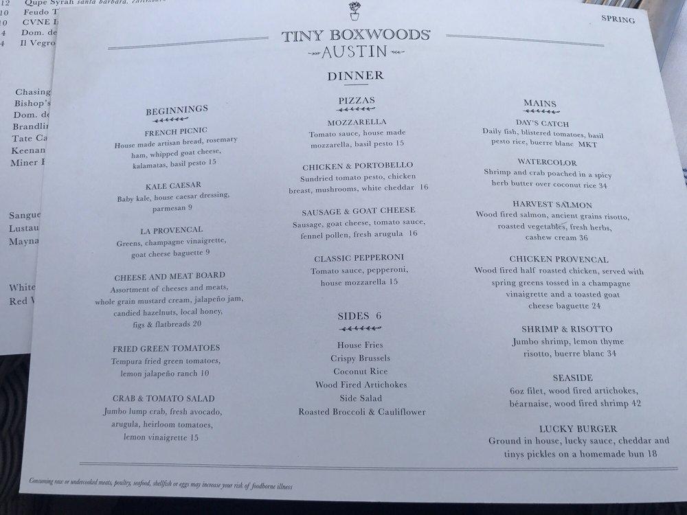 Menu at Tiny Boxwoods Austin restaurant, Austin