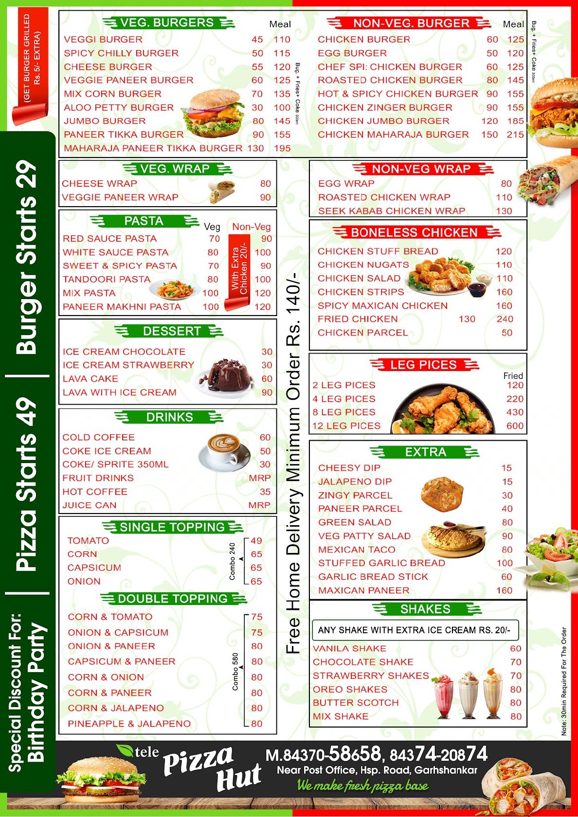 Menu at tele pizza hut, Garhshankar