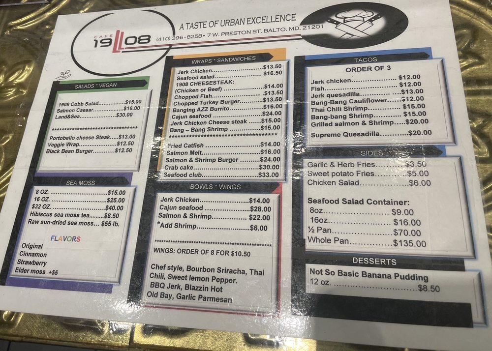 Menu at Cafe 1908, Baltimore