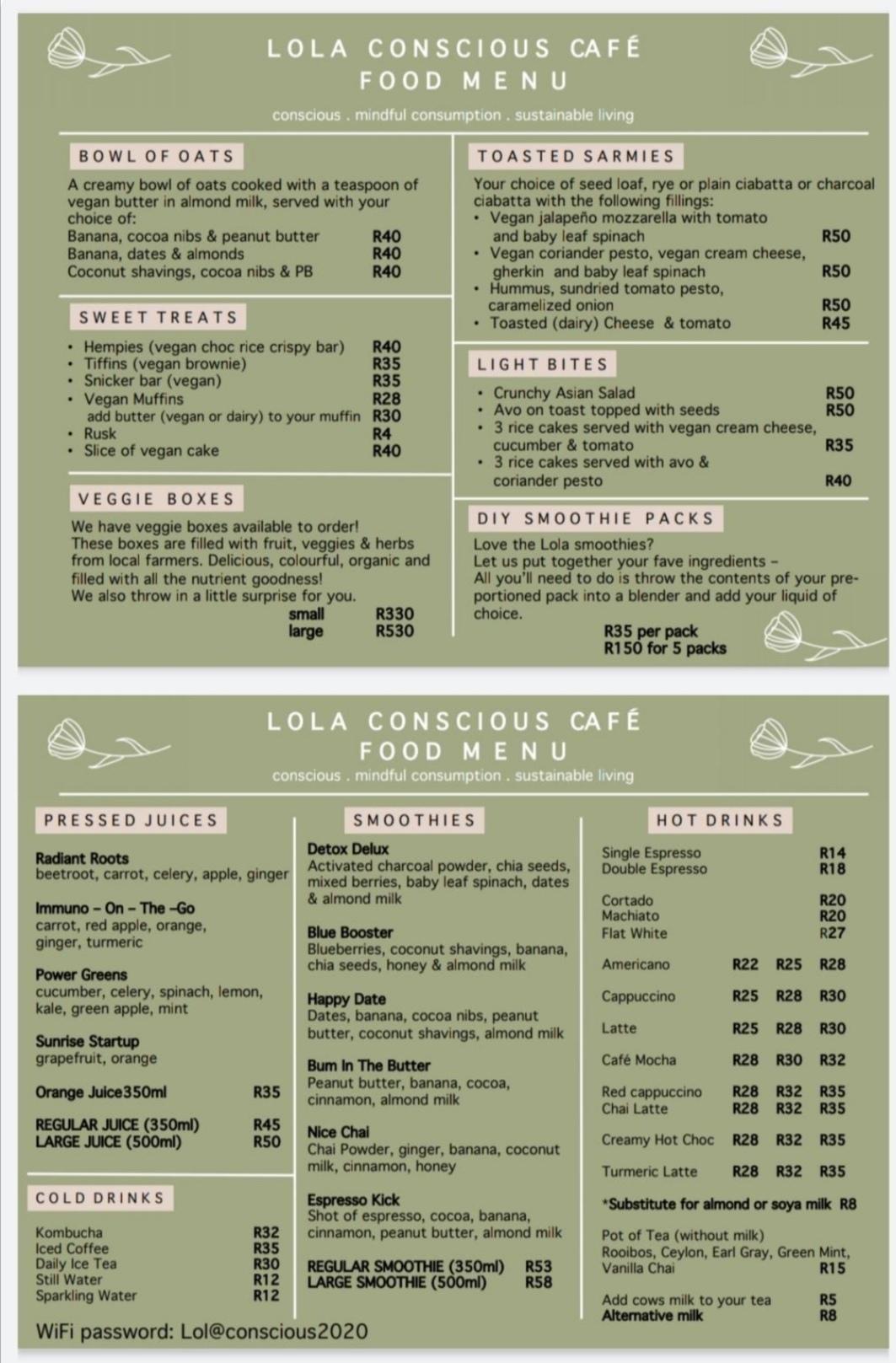 Menu at Lola Conscious Café restaurant, Port Elizabeth