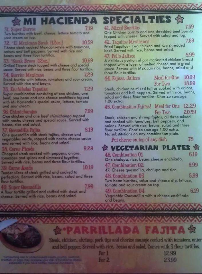 Menu at Mi Hacienda Mexican Restaurant, Decatur