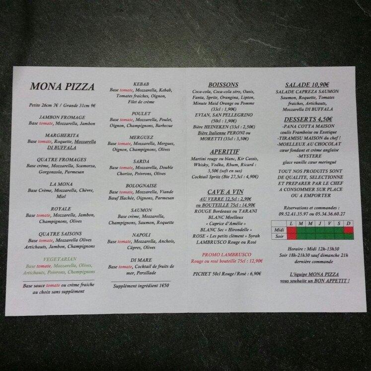 Menu at Mona Pizza restaurant, Toulouse