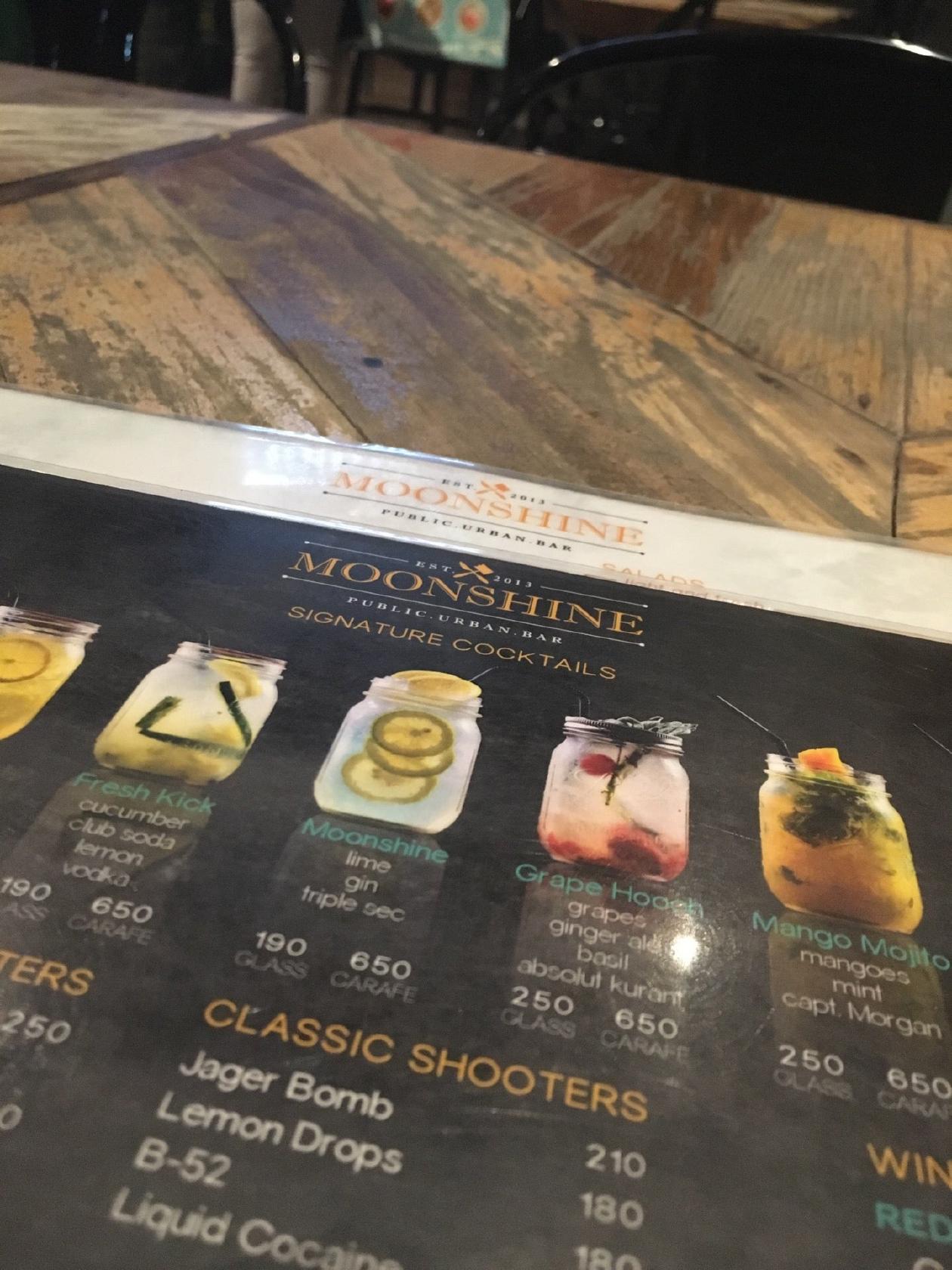Menu at Moonshine pub & bar, Pasig