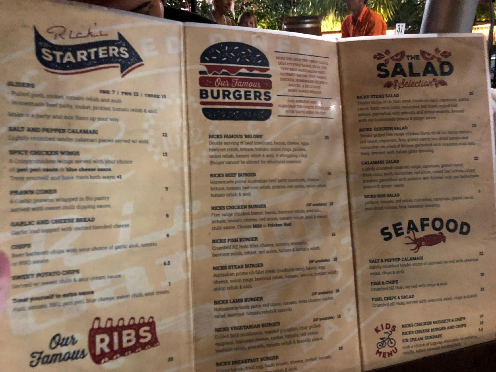 Menu at Ricks Garage pub & bar, Palmwoods