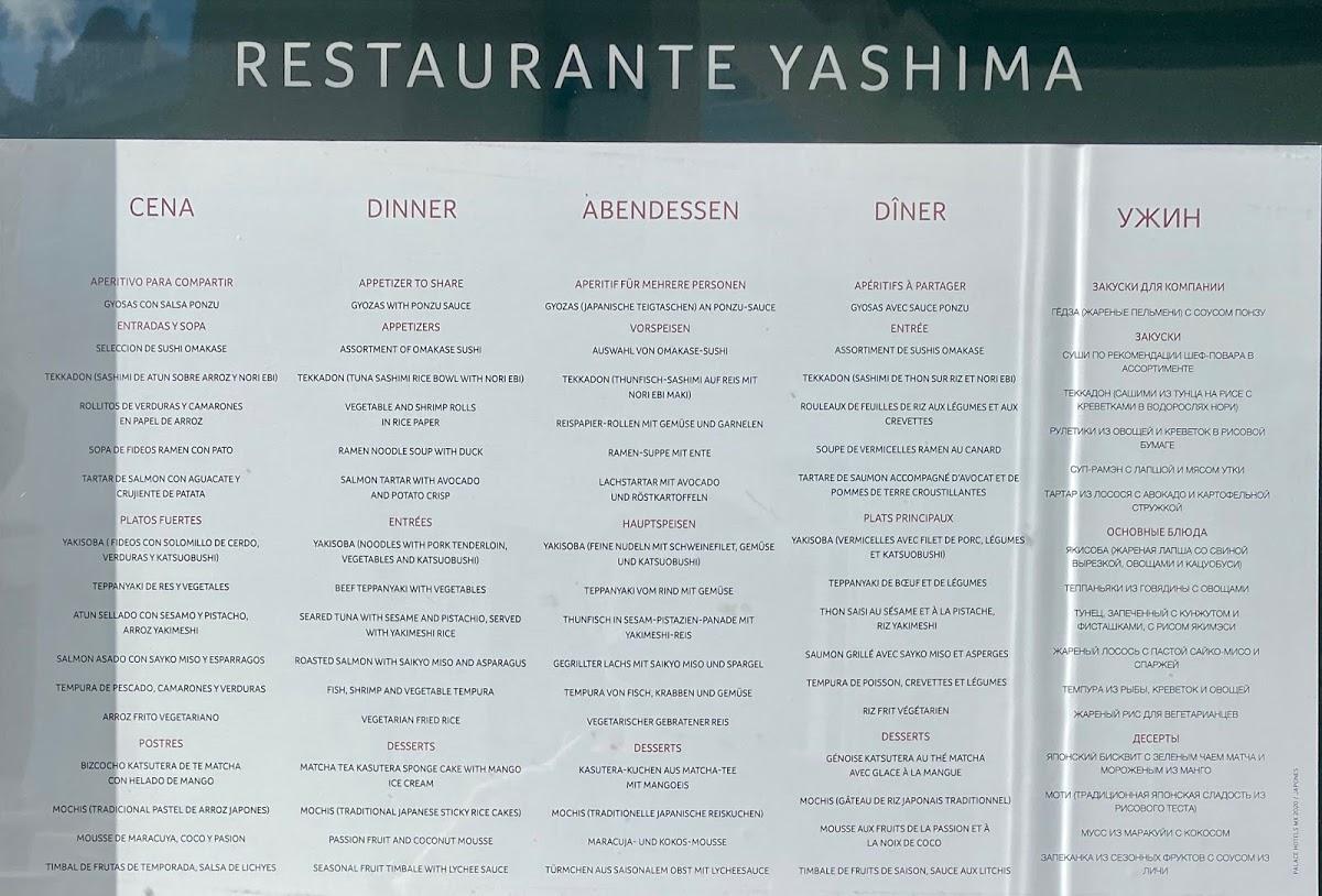 Menu at Yashima restaurant, Playa del Carmen