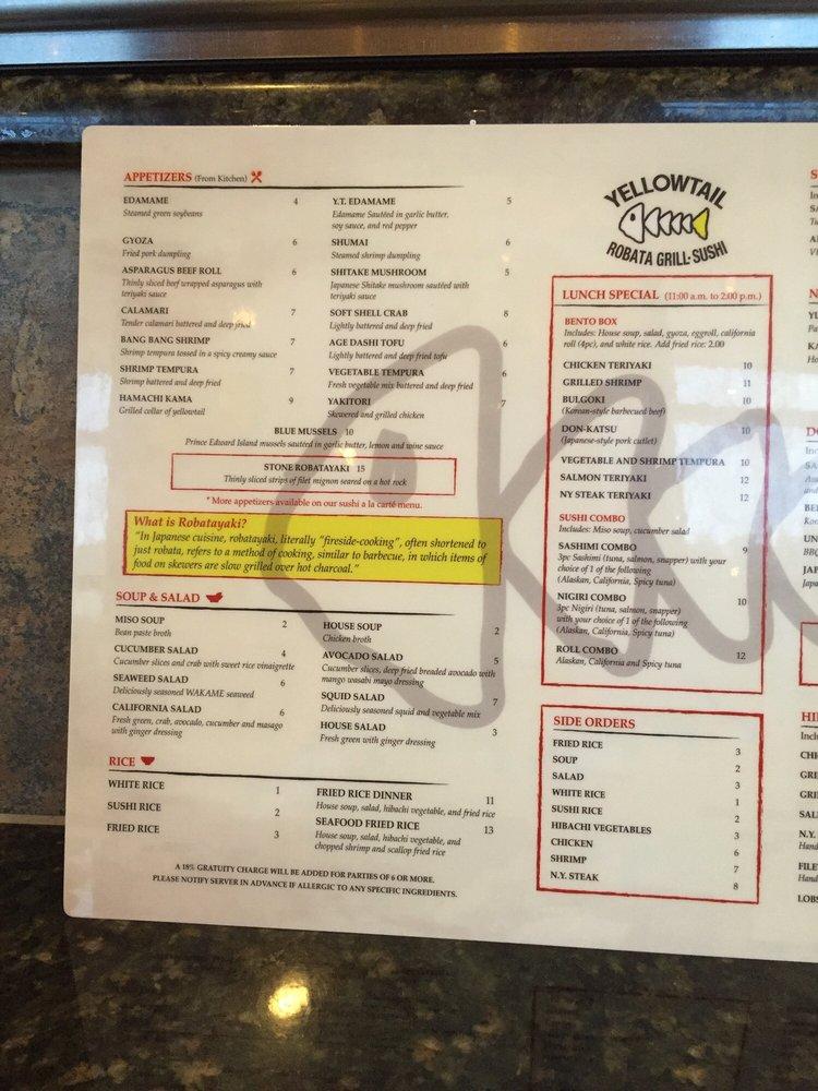 Menu at Yellowtail Robata Grill & Sushi restaurant, Clarksville