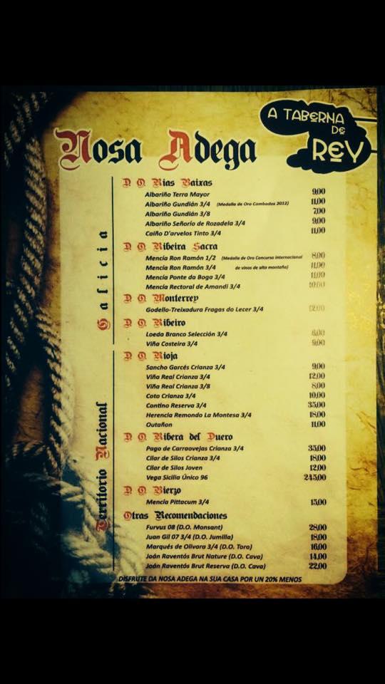 Carta del restaurante A Taberna del Rey, Barro, Lugar del contestar de