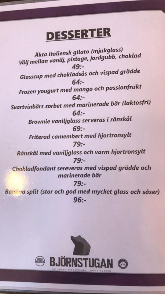 Menu at Björnstugan AB restaurant, Sweden