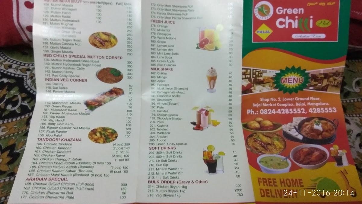 Menu at Green Chilli Hut, Mangaluru