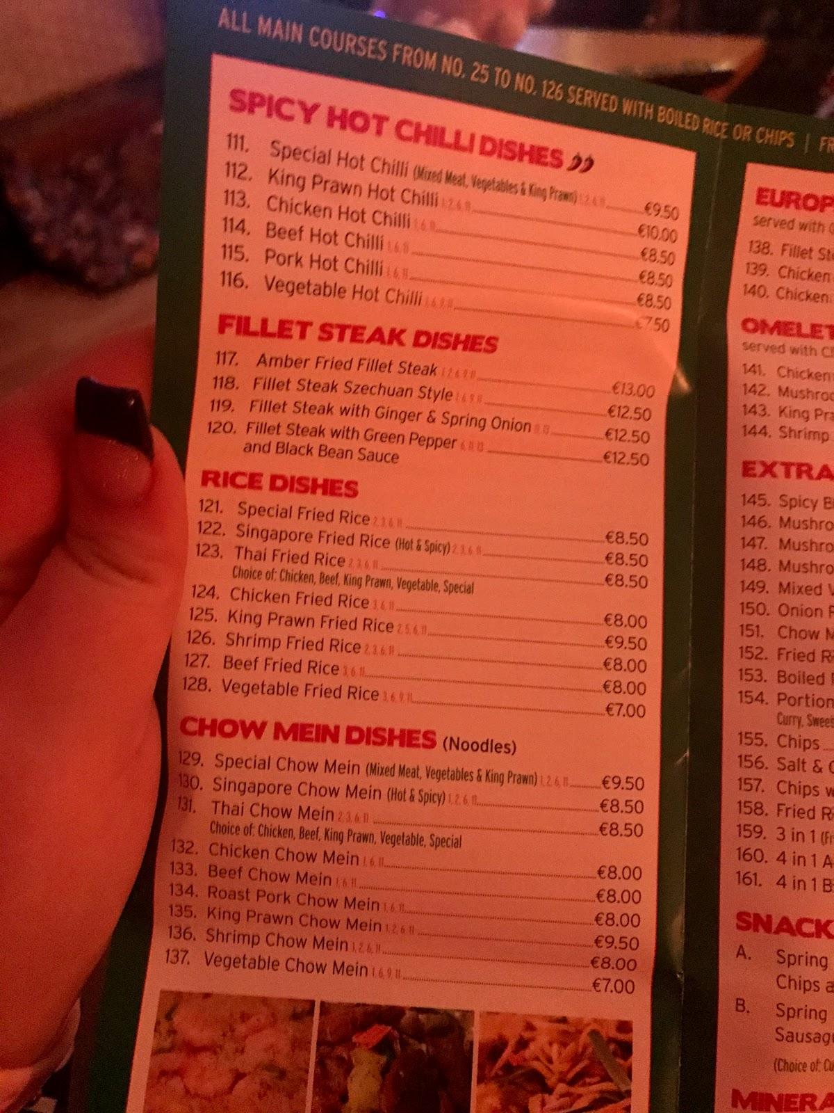 Menu at Ho Kee Chinese restaurant, Tralee